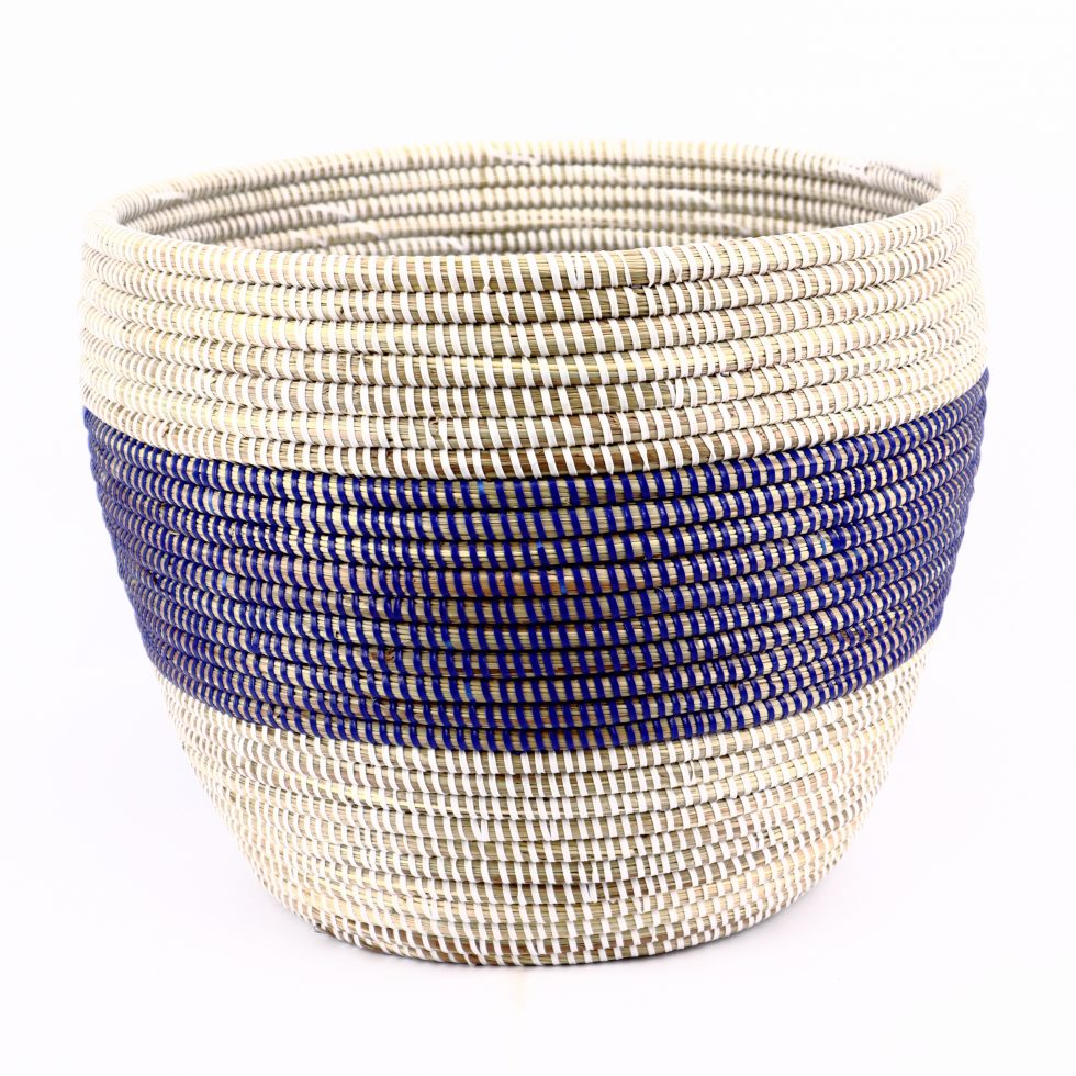 PANIER AFRICAIN BLANC AVEC BANDE BLEUE - PANIER ARTISANAL